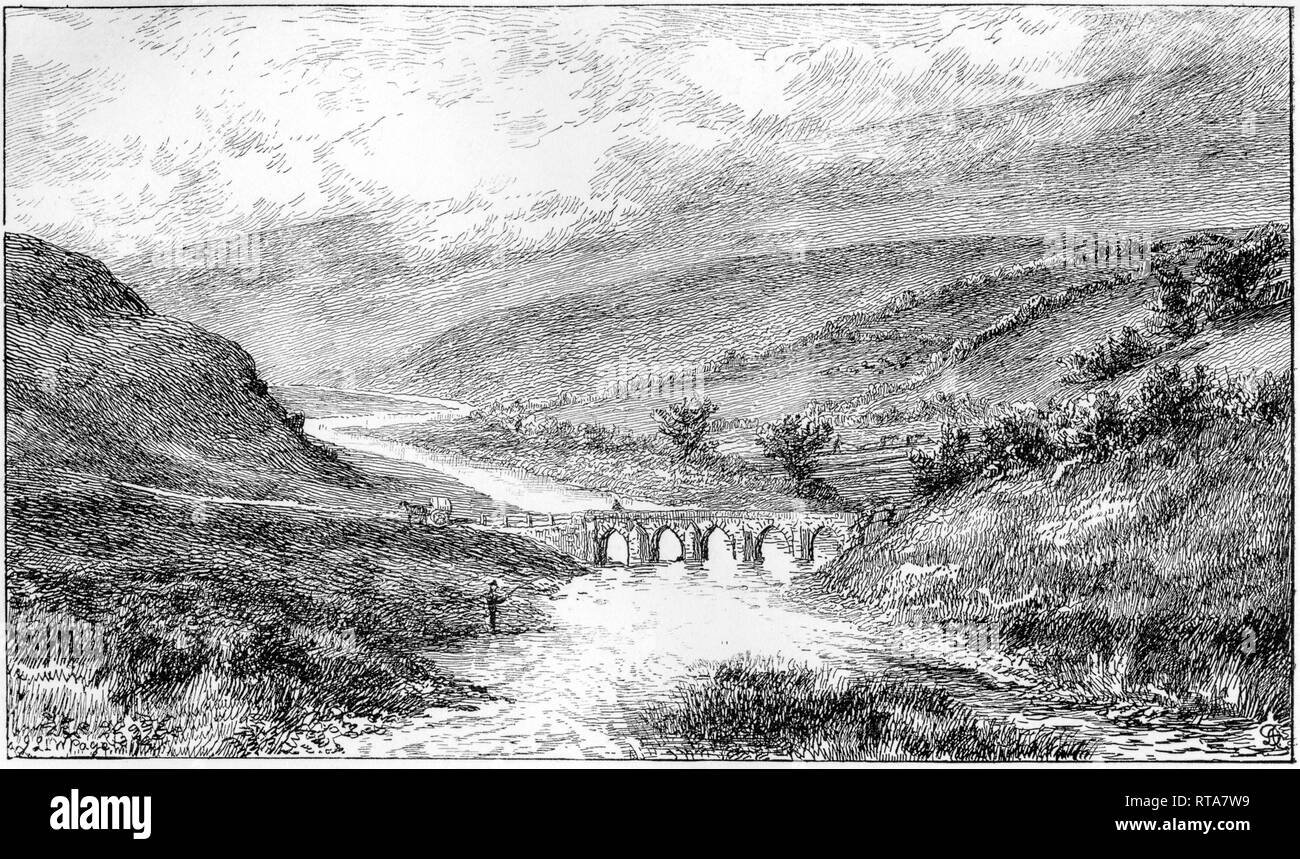 Engraving of the River Barle flowing under Landacre Bridge on Exmoor nr ...