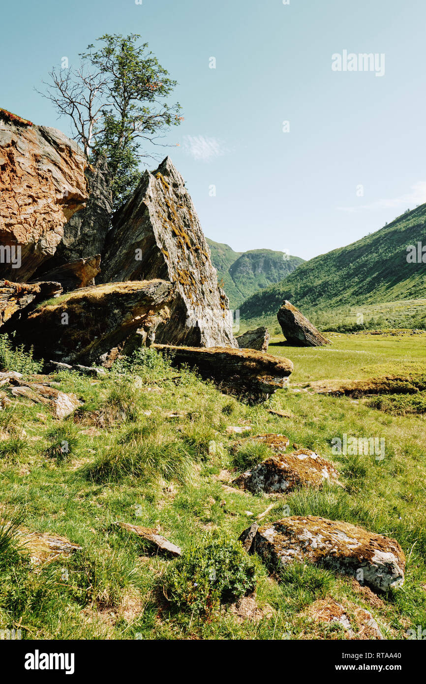 A glacial erratic angular boulder landscape in Myrkdalen Hordaland ...