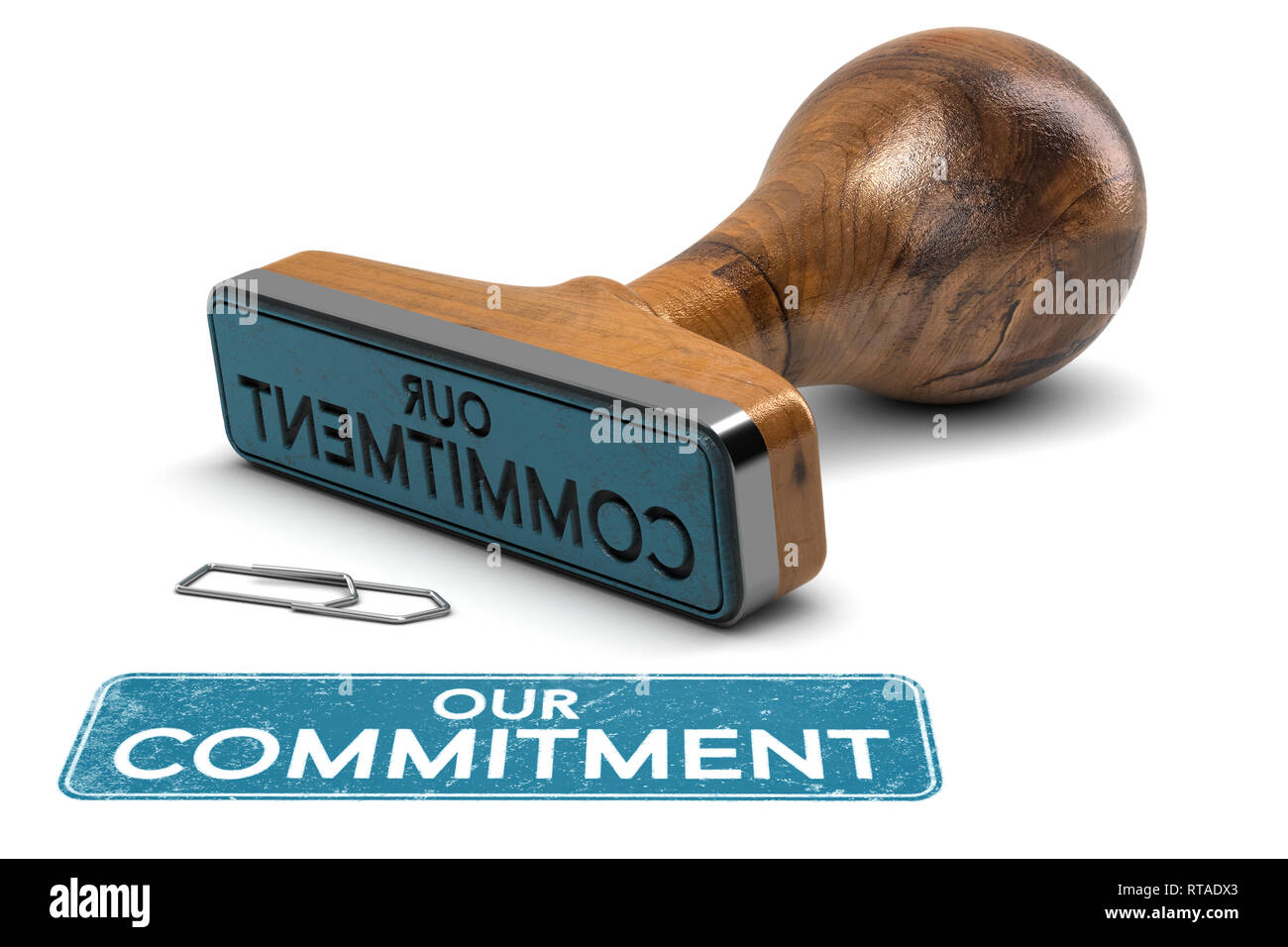3D illustration of a rubber stamp with the text our commitment printed ...