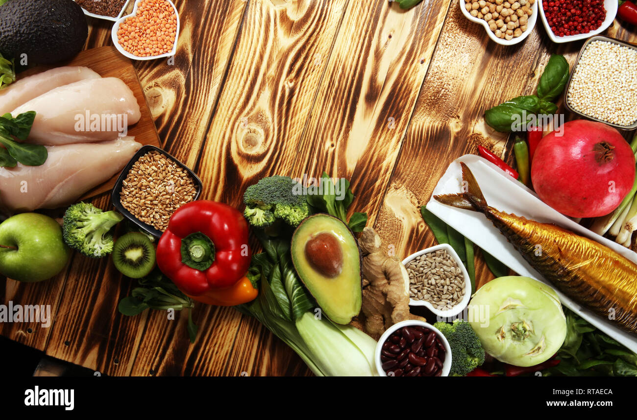 Healthy food clean eating selection. fruit, vegetable, seeds, superfood ...