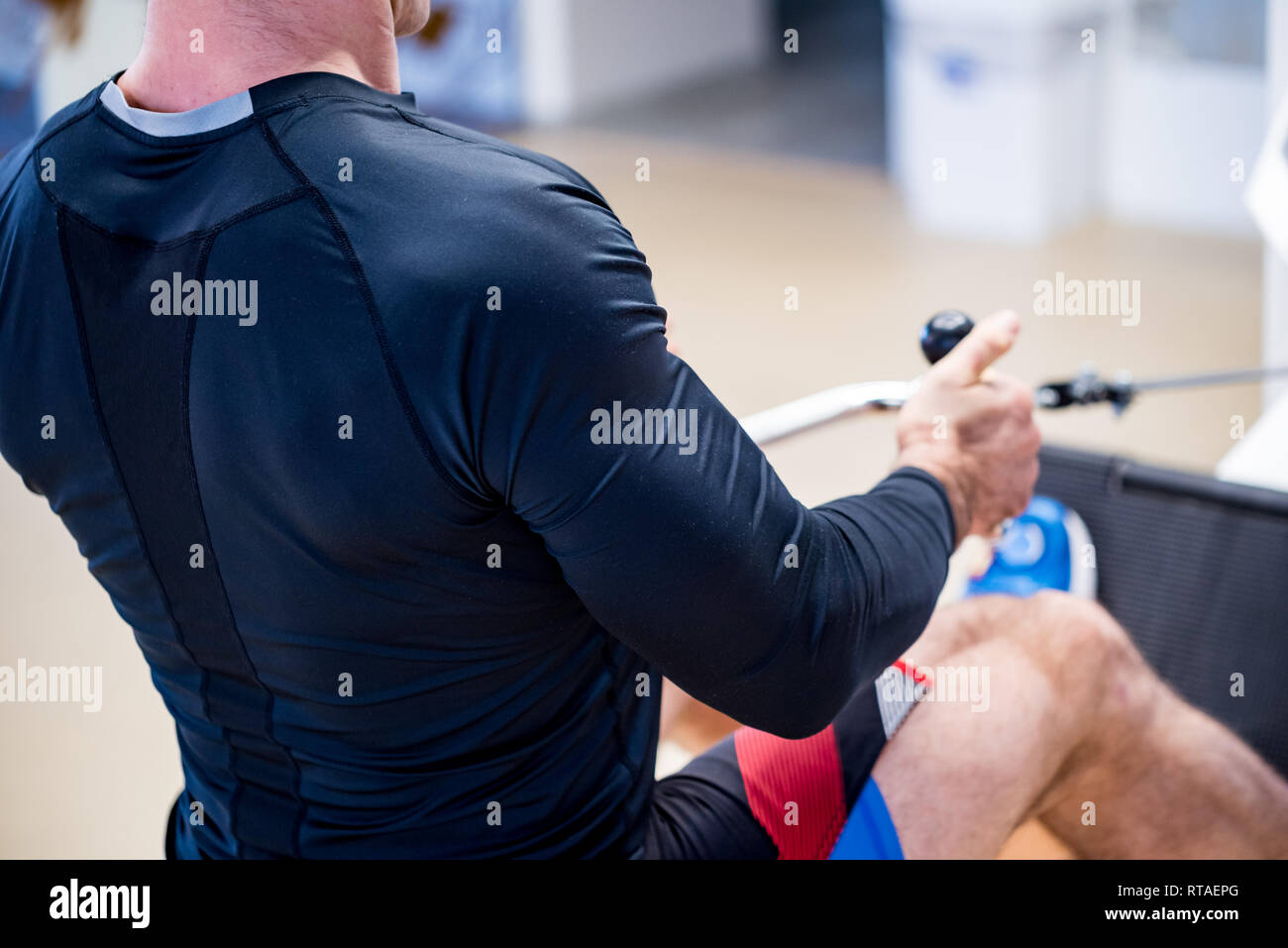 Athlete makes low cable pulley row seated in gym. Close back view Stock ...