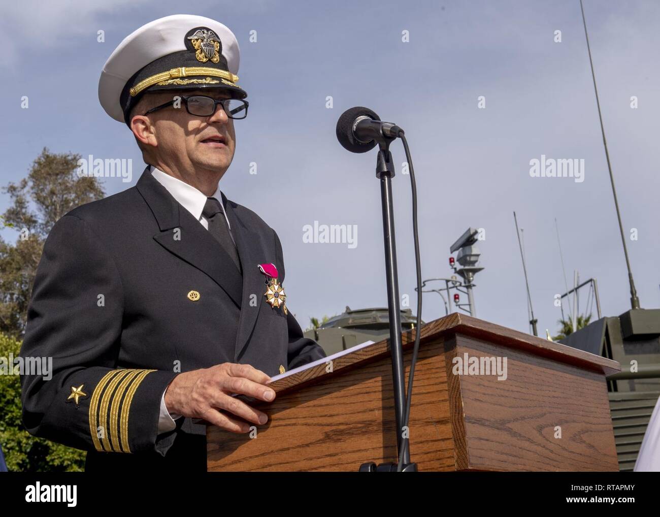 SAN DIEGO (Feb. 01, 2019) Capt. Carl E. Meuser speaks during a ...