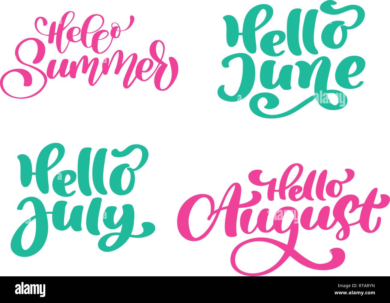 Set of Summer exotic Calligraphy lettering phrases Hello june, july ...