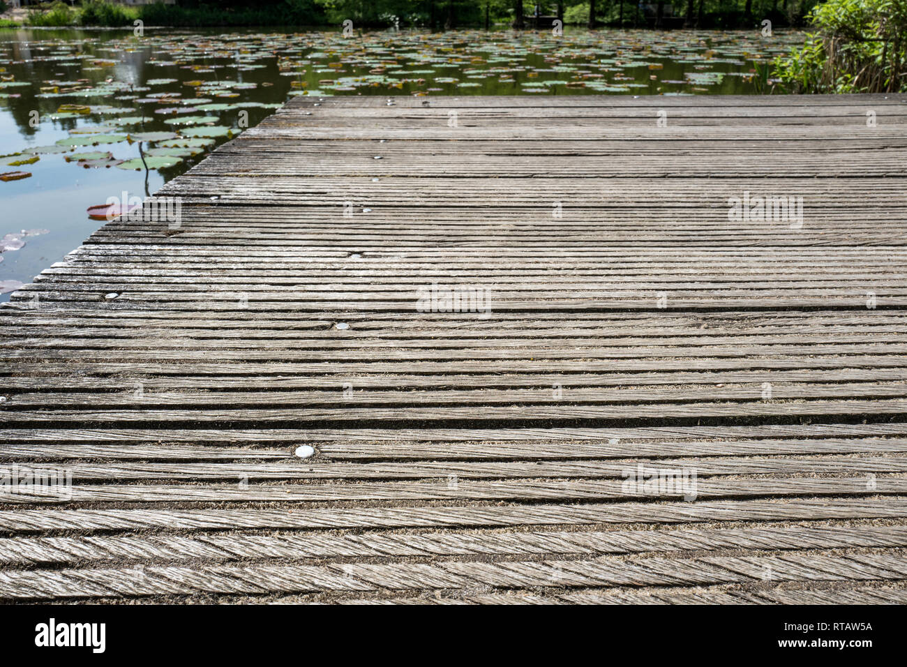 wooden jetty at small pond Stock Photo - Alamy