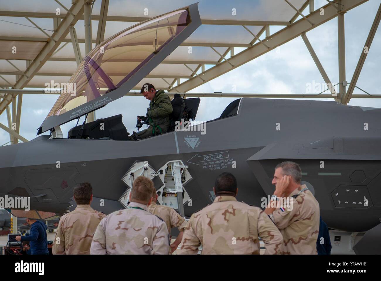 Dutch leadership greets Maj. Garrett Dover, U.S. Air Force pilot, upon ...