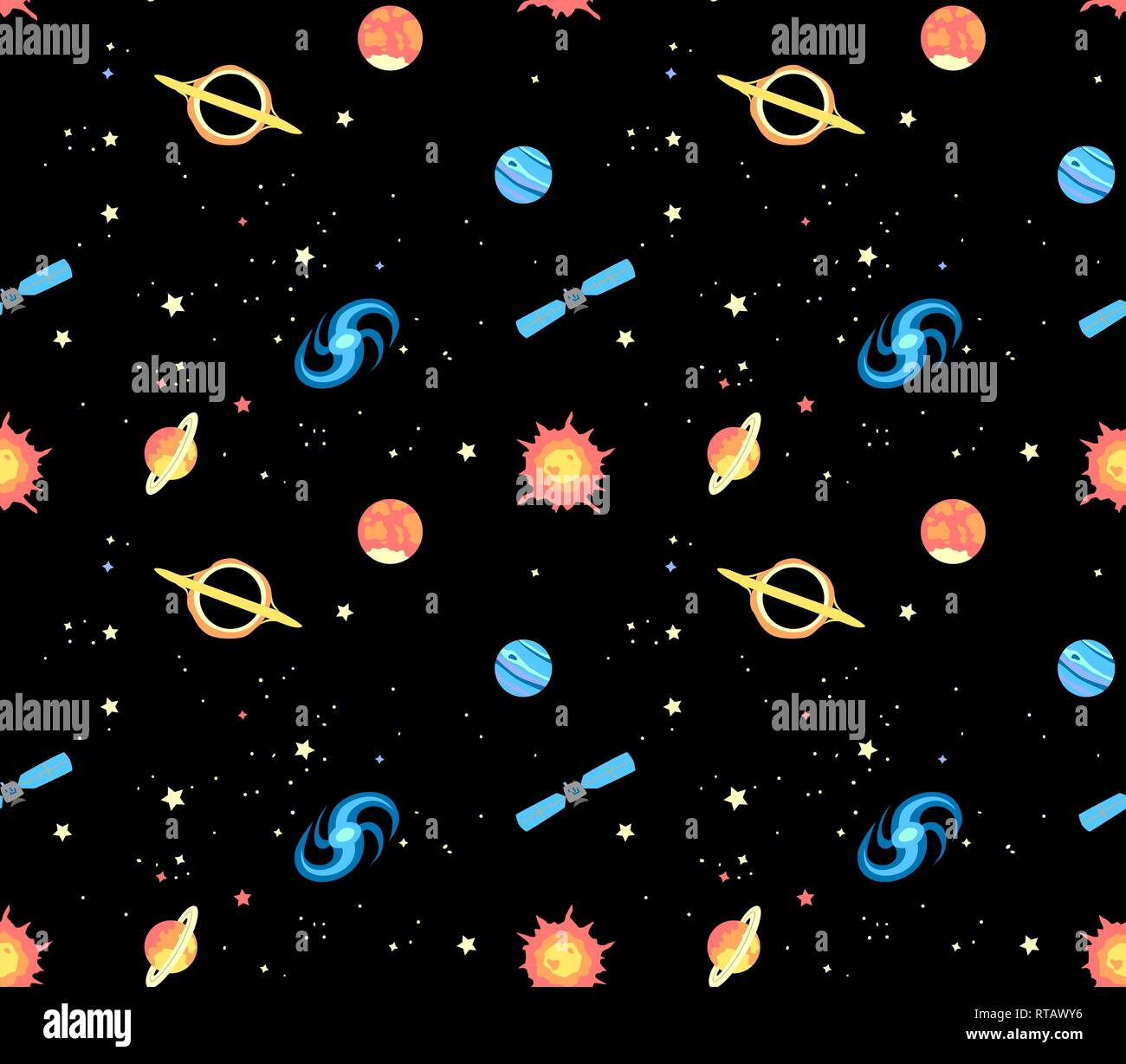 Seamless pattern with space: stars, rockets, planets; vector ...