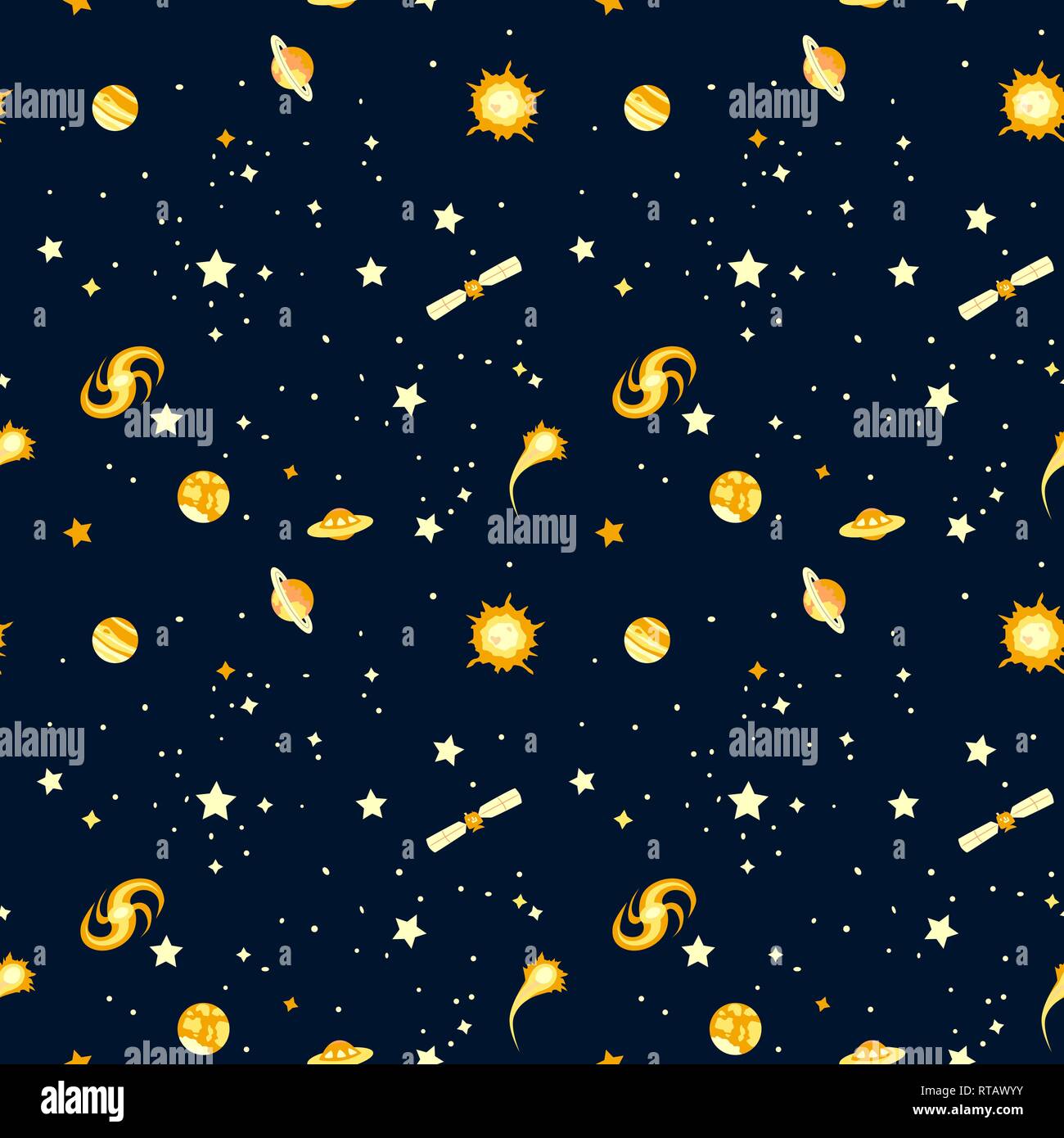 Seamless pattern with space: stars, rockets, planets; vector ...
