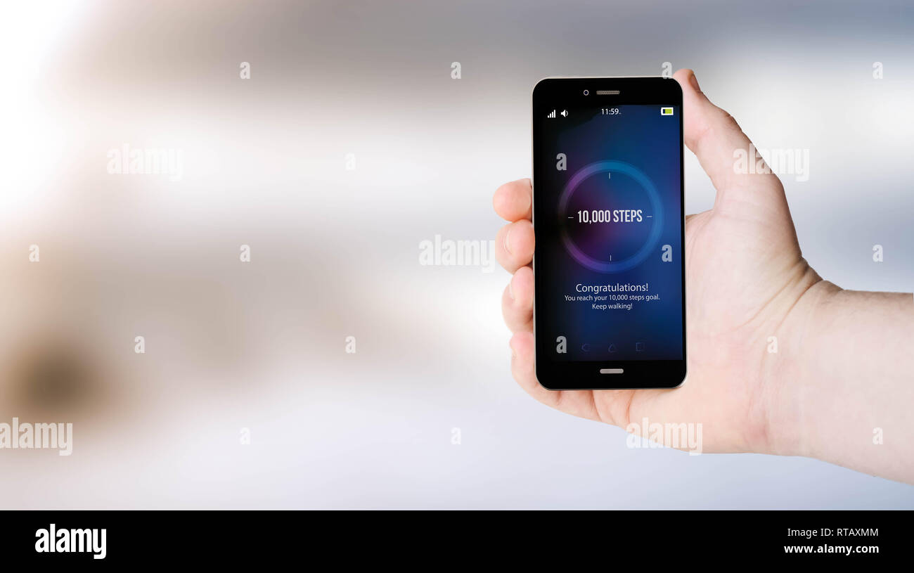 mobile phone steps counter on digital generated phone screen with sea ...