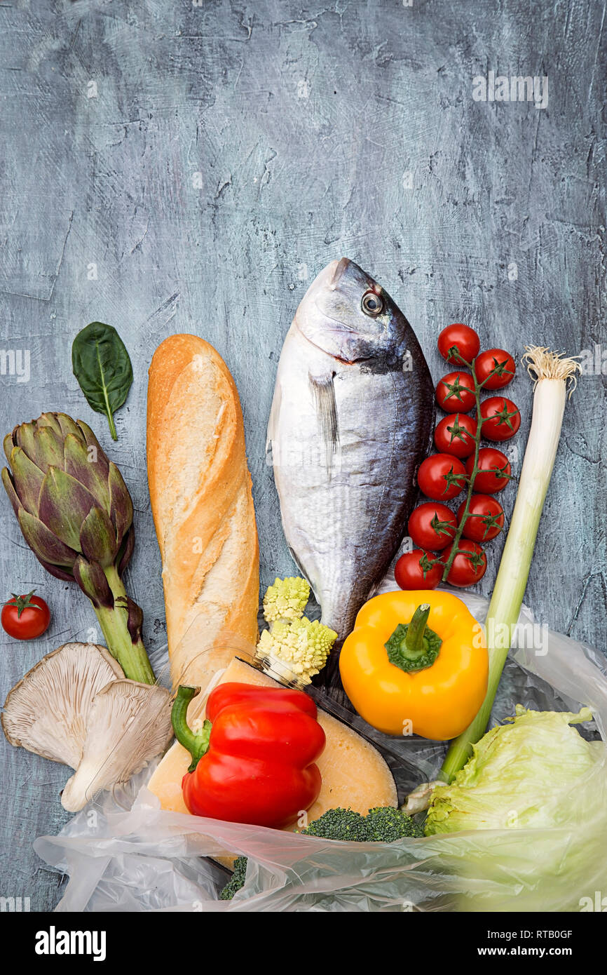 Food ingredients with dorade fish - top view Stock Photo - Alamy