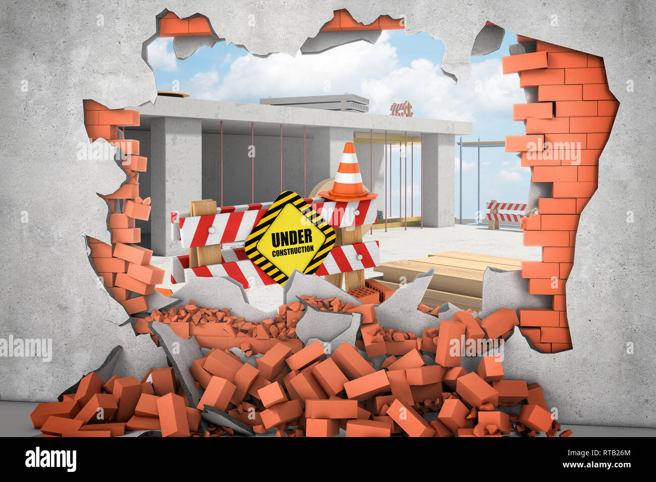 3d rendering of construction site seen through a gap in red brick wall ...