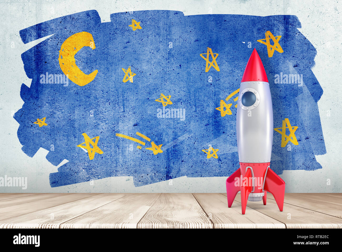 3d rendering of a toy space rocket standing at the wall with a children ...