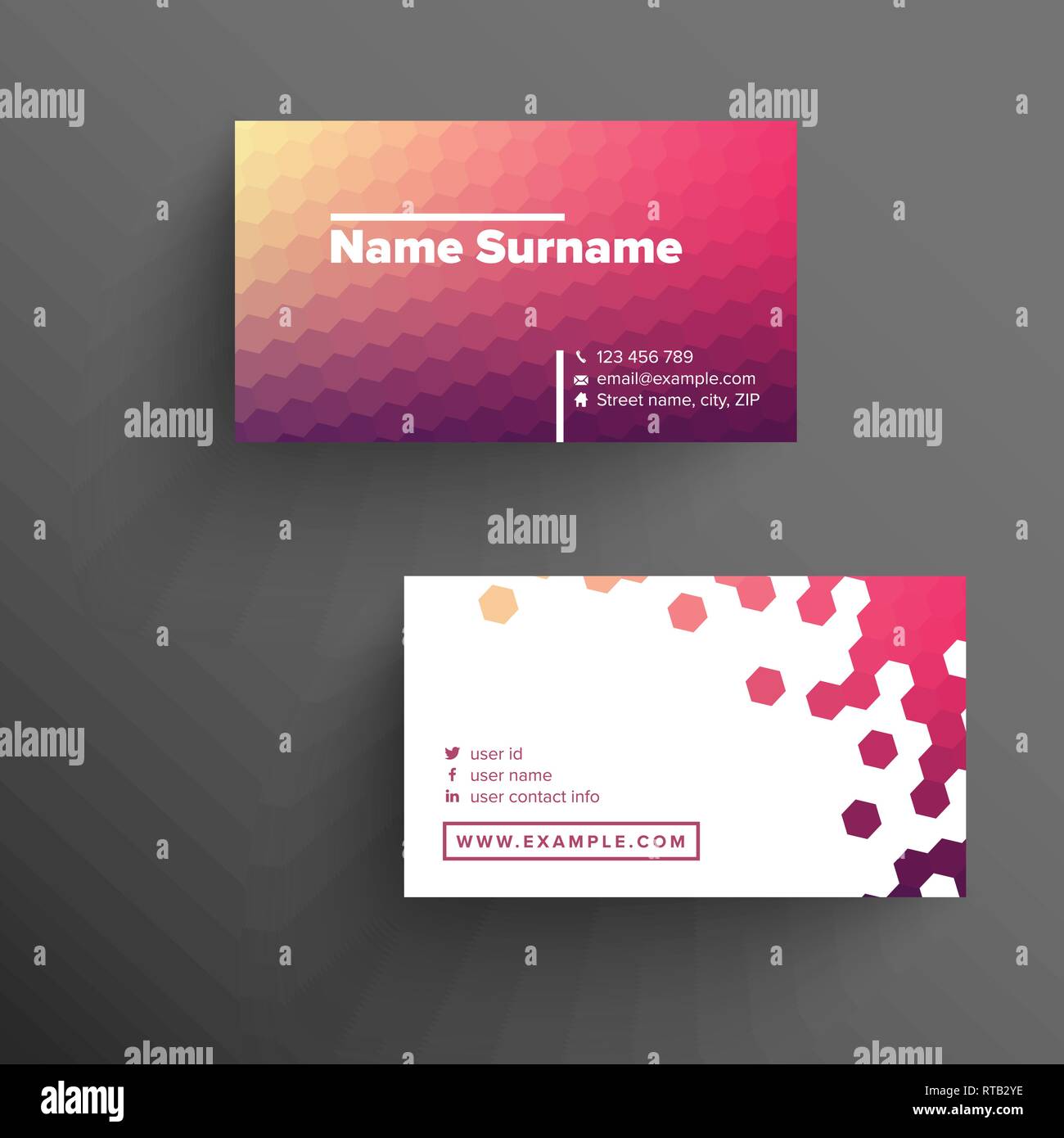 Modern business card template with hexagons background and white text ...