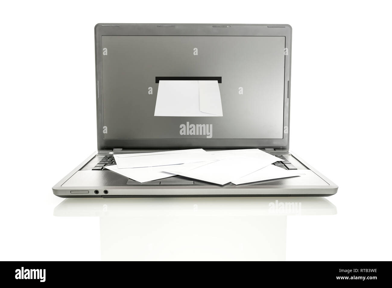 Front view of laptop with envelope coming out of monitor. Isolated over ...