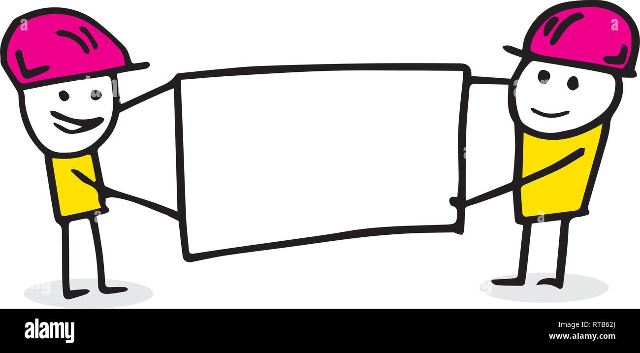 Two stick figures construction workers holding blank board Stock Vector ...