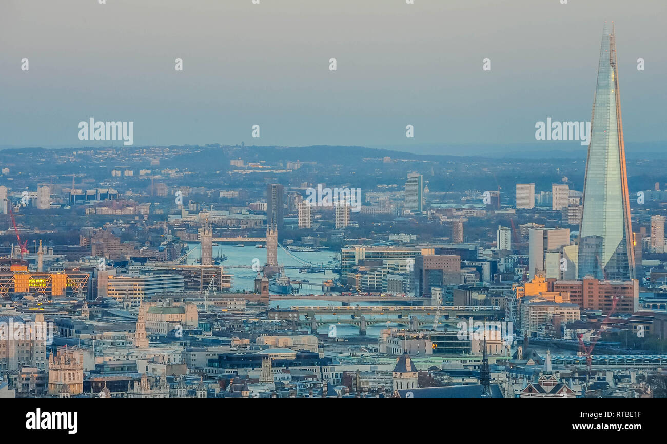 View from BT Tower, London. Looking East, showing the Shard, the Thames ...