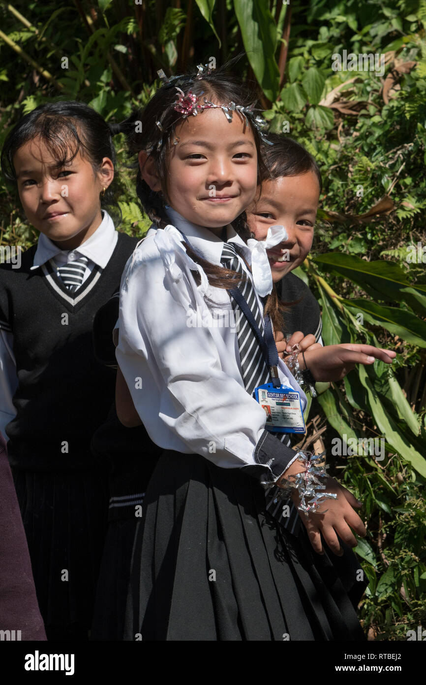 Happy schoolgirls, Yangthang Village, Gyalshing, West Sikkim, Sikkim ...