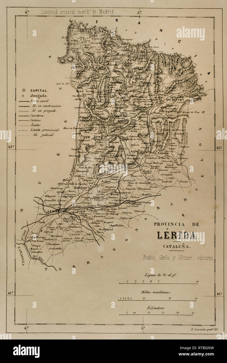 Map. Province of Lleida, Catalonia, Spain. 1866. Crónica General de ...