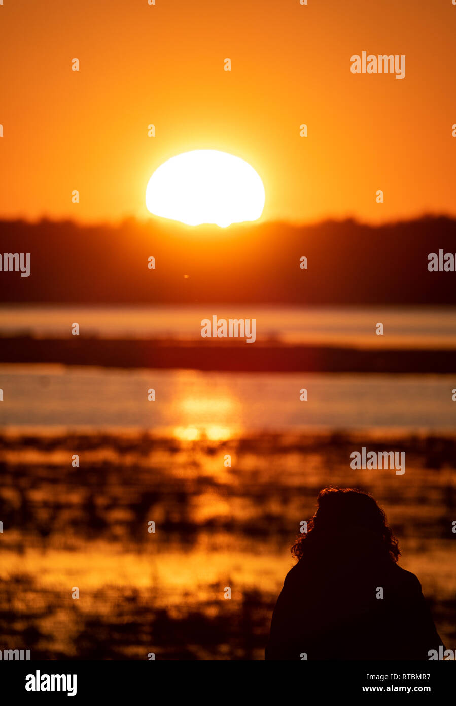 Woman silhouette observing sunrise over the lake Stock Photo - Alamy