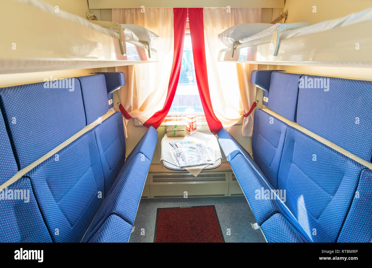 Moscow, Russia -May 10.2015. The Empty sleeper compartment in a train ...
