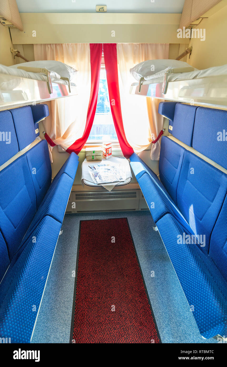 Moscow, Russia -May 10.2015. The Empty sleeper compartment in a train ...
