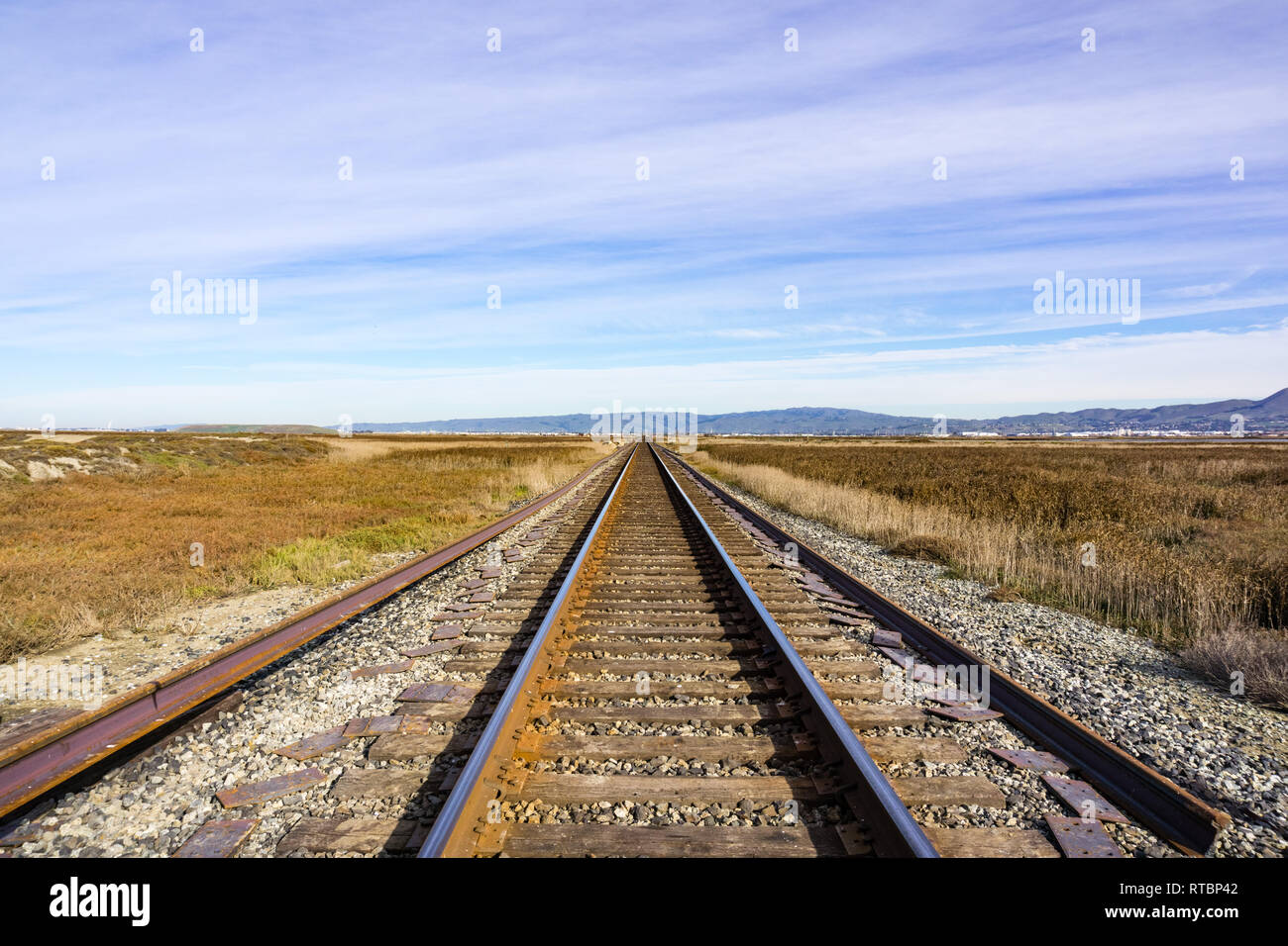 Railroad tracks across marshland, Alviso, California Stock Photo - Alamy Railroad tracks across marshland, Alviso, California Stock Photo - Alamy