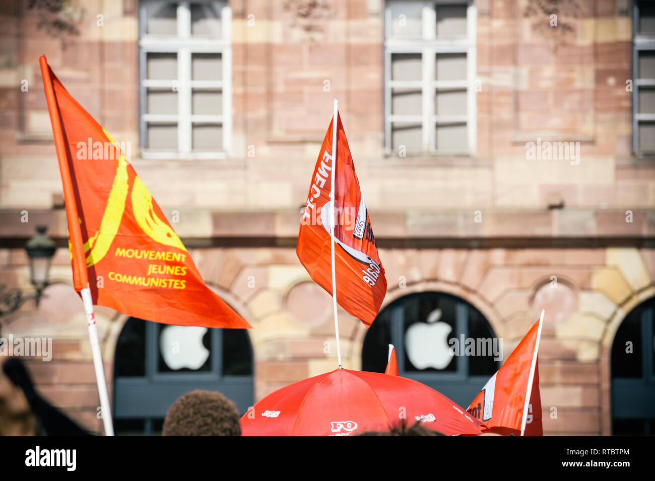 STRASBOURG, FRANCE - SEPT 12, 2017: Young communist movement flags at ...