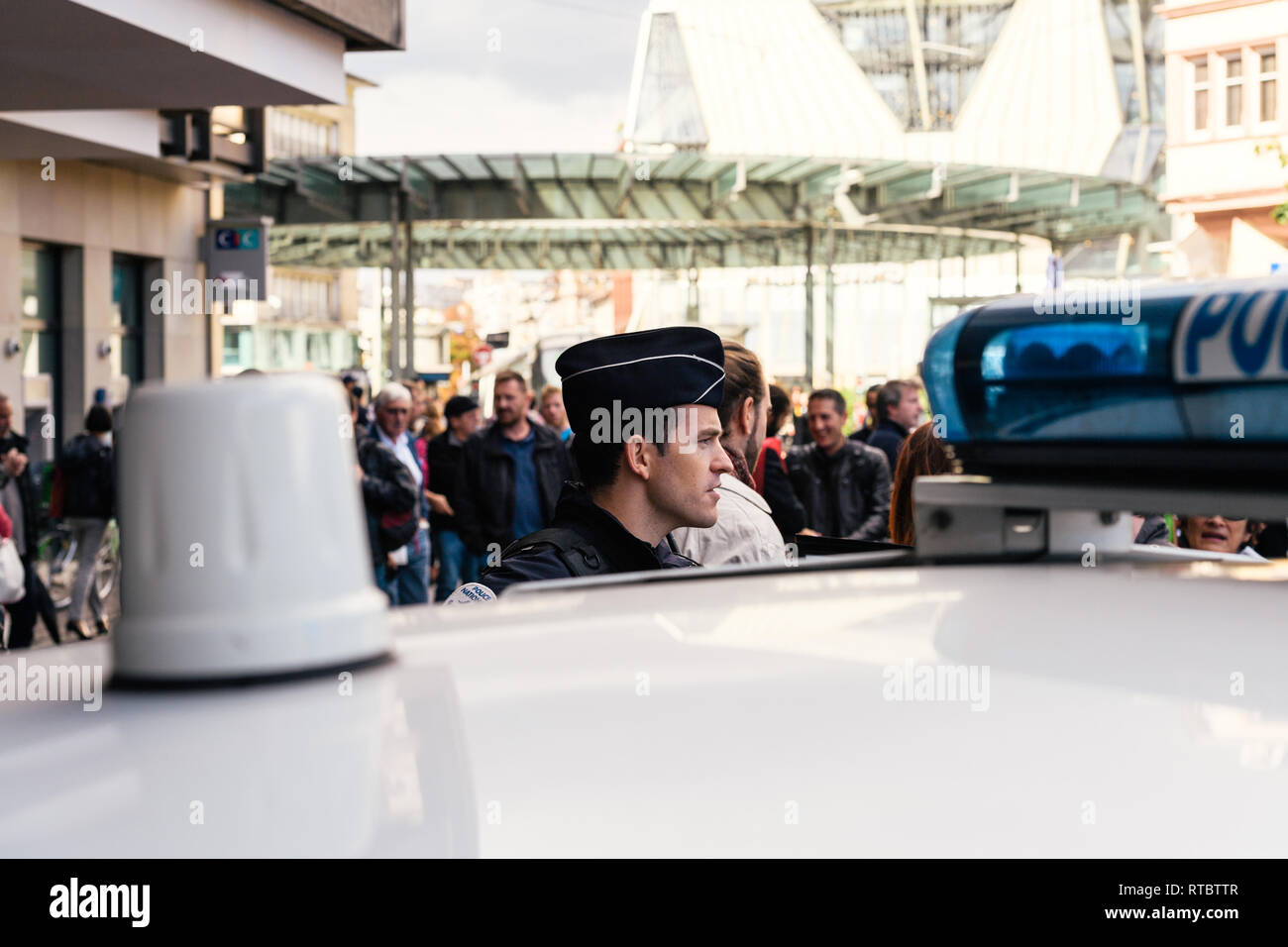 STRASBOURG, FRANCE - SEPT 12, 2017: Police officer surveillance for ...
