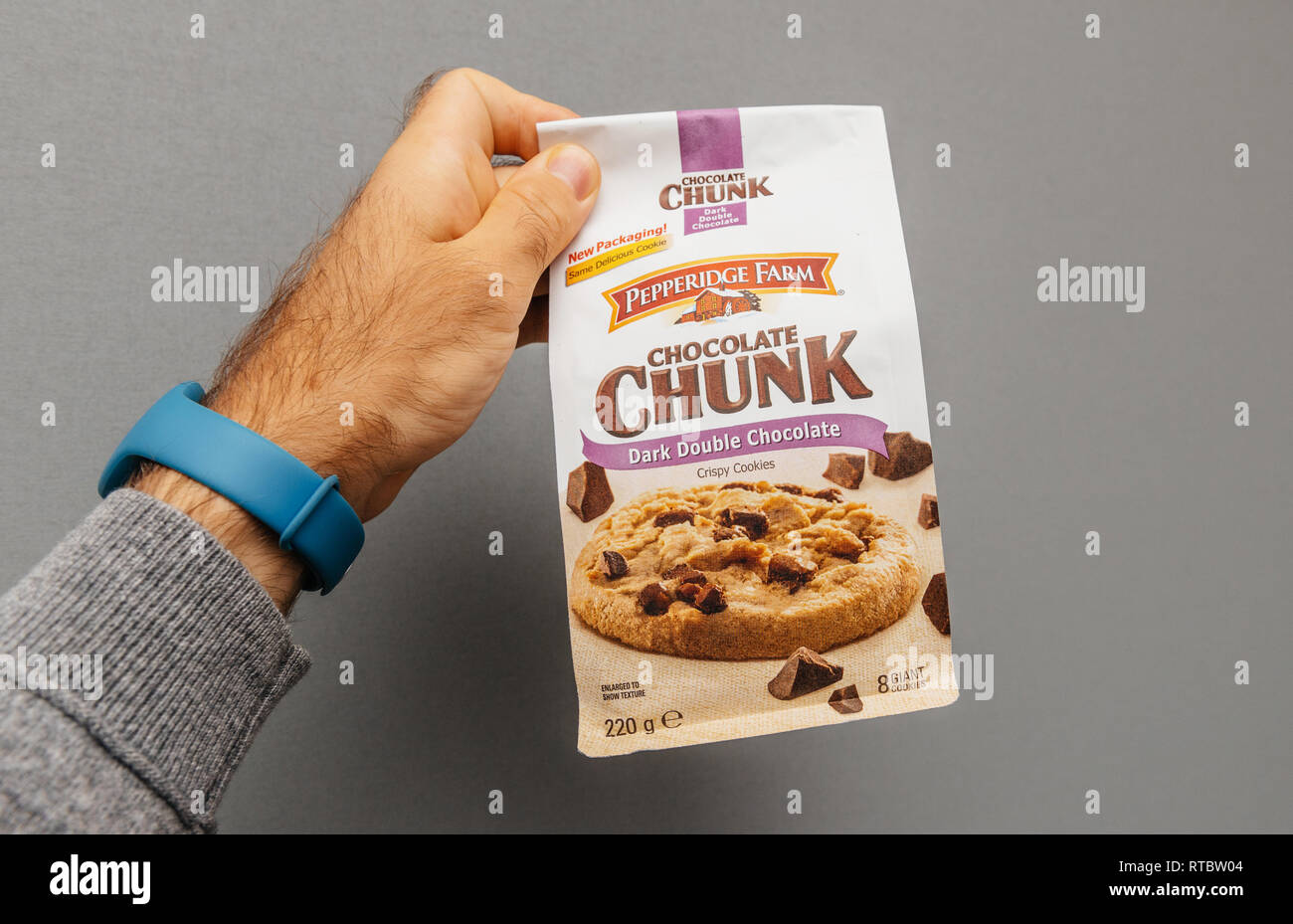 PARIS, FRANCE - OCT 5, 2017: Male hand holding delicious Chocolate ...