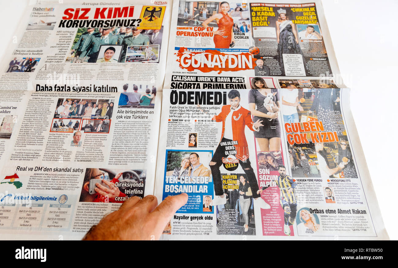PARIS, FRANCE - SEP 25, 2017: Man reading Sabah Turkish newspaper about ...