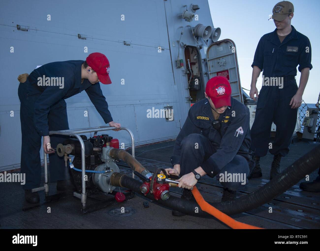 ATLANTIC OCEAN (Feb. 8, 2019) Sailors test a P100 portable fire pump ...