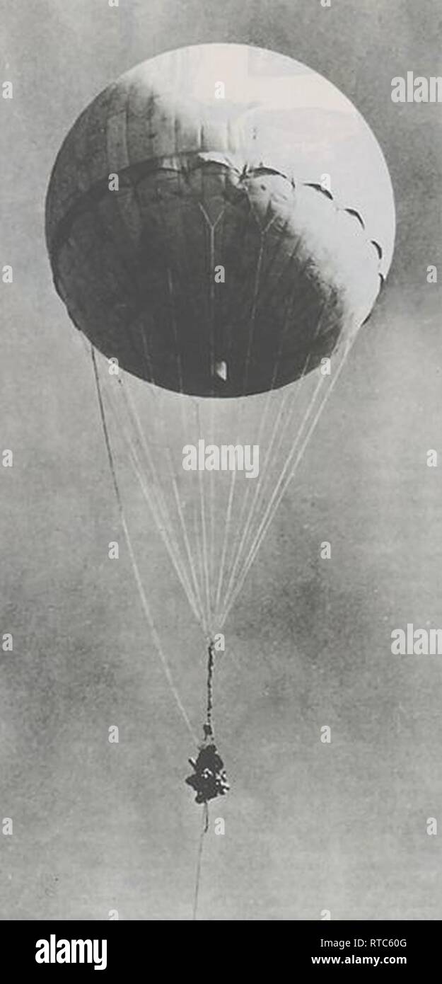 A Japanese Fu-Go balloon with its payload of charges suspended below ...