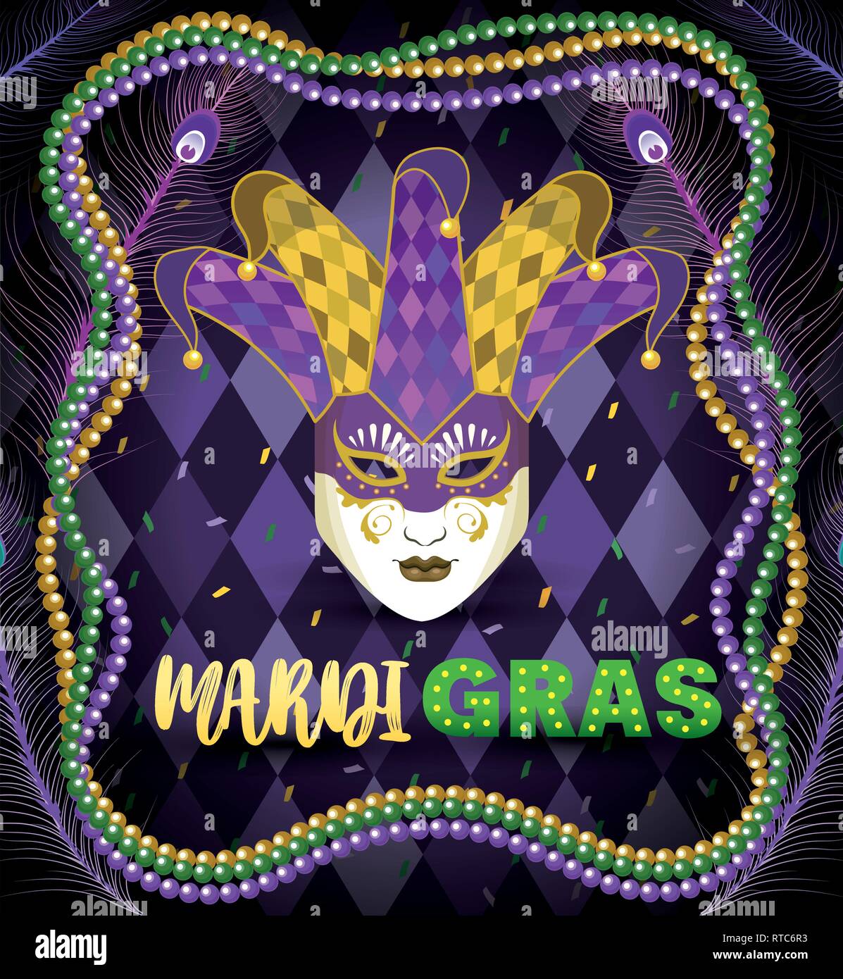 mask with joker hat and necklace balls to mardi gras Stock Vector Image ...