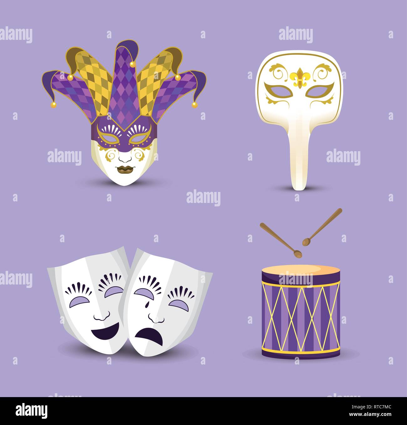 set mardi gras masks with joker hat and drum Stock Vector Image & Art ...