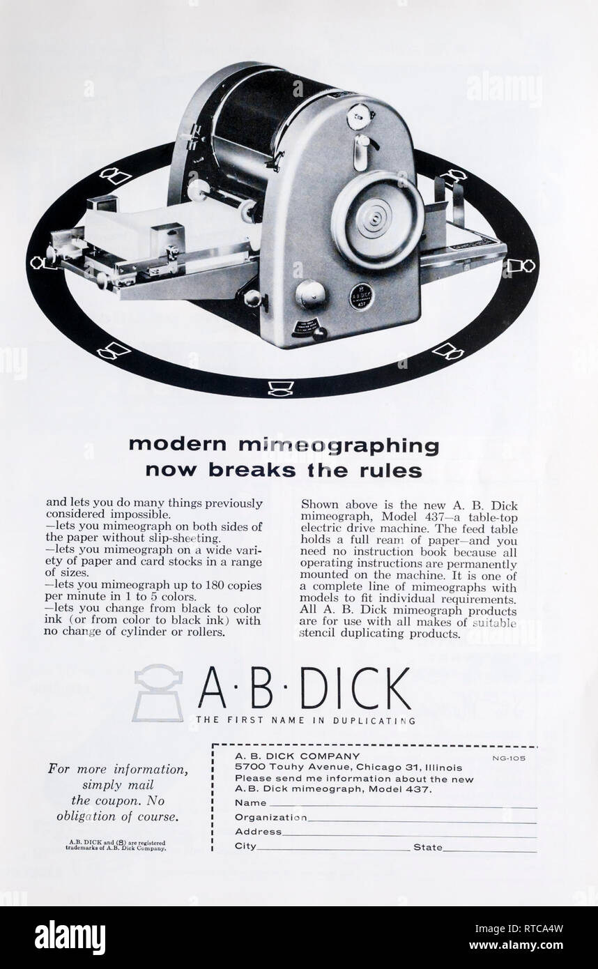 1955 magazine advert for A B Dick duplicating machines or mimeograph ...