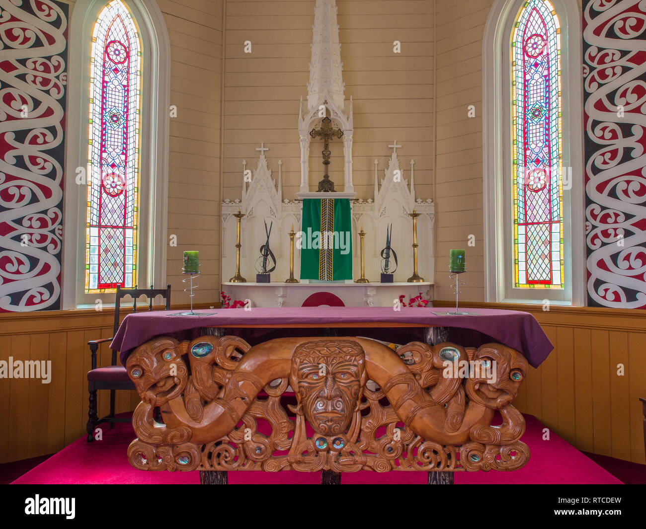 Interior of St Josephs Church, with Maori decoration and carving ...
