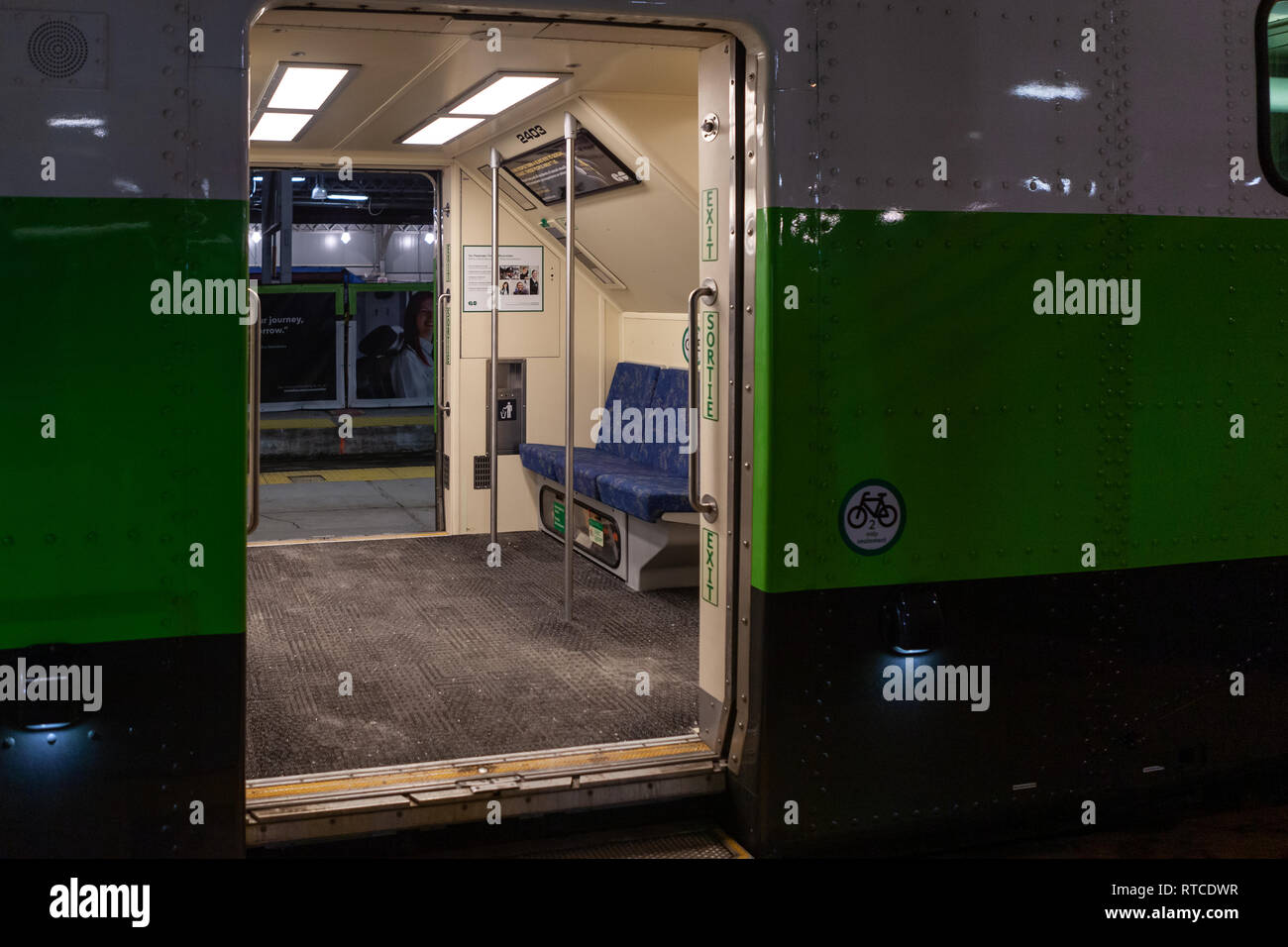Green wagons of speed Toronto’s GO train at Platform of Union Station ...