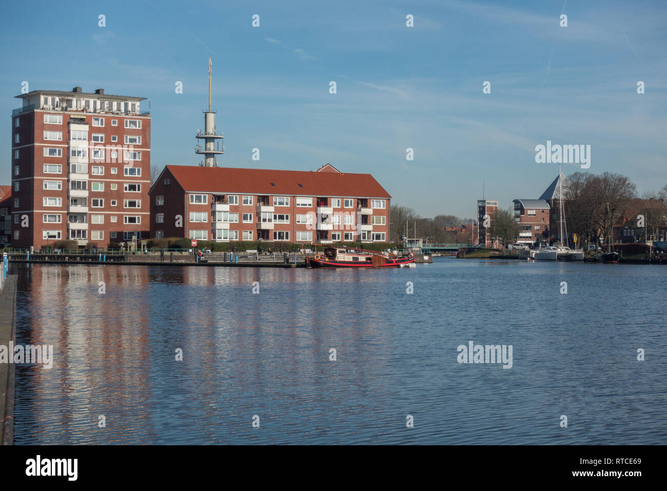 Harbour with modern buildings. Emden, East Frisia, Lower Saxony ...