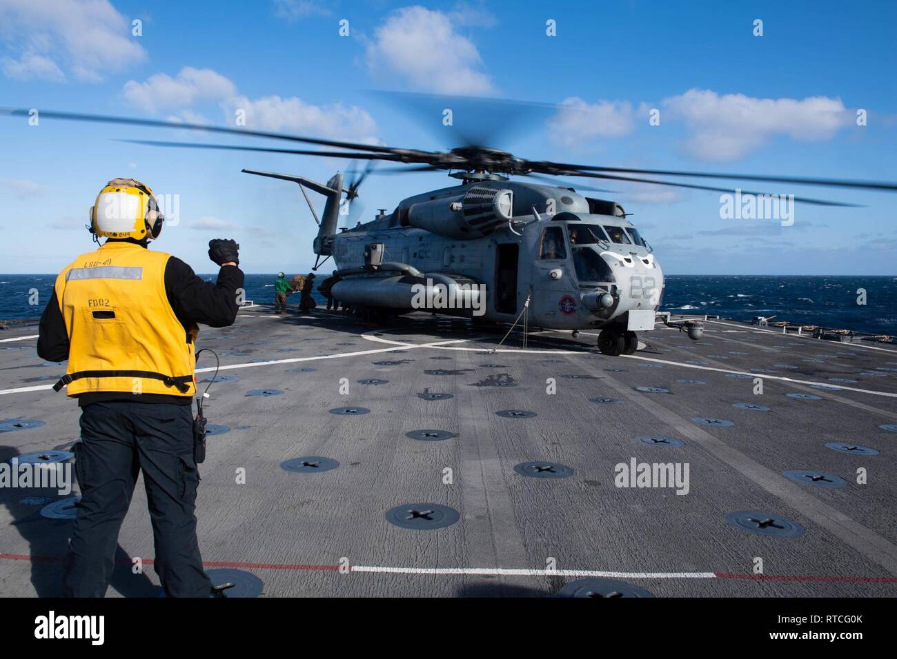 PACIFIC OCEAN (Feb. 16, 2019) Boatswain’s Mate 2nd Class Patrick Obrien ...