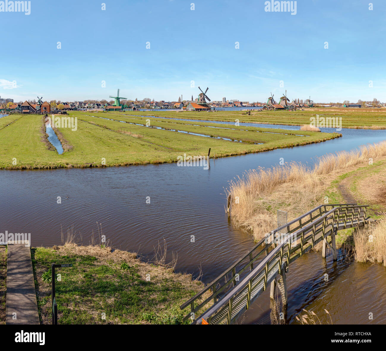 Polder with canals and ditches with windmills along the river Zaan ...