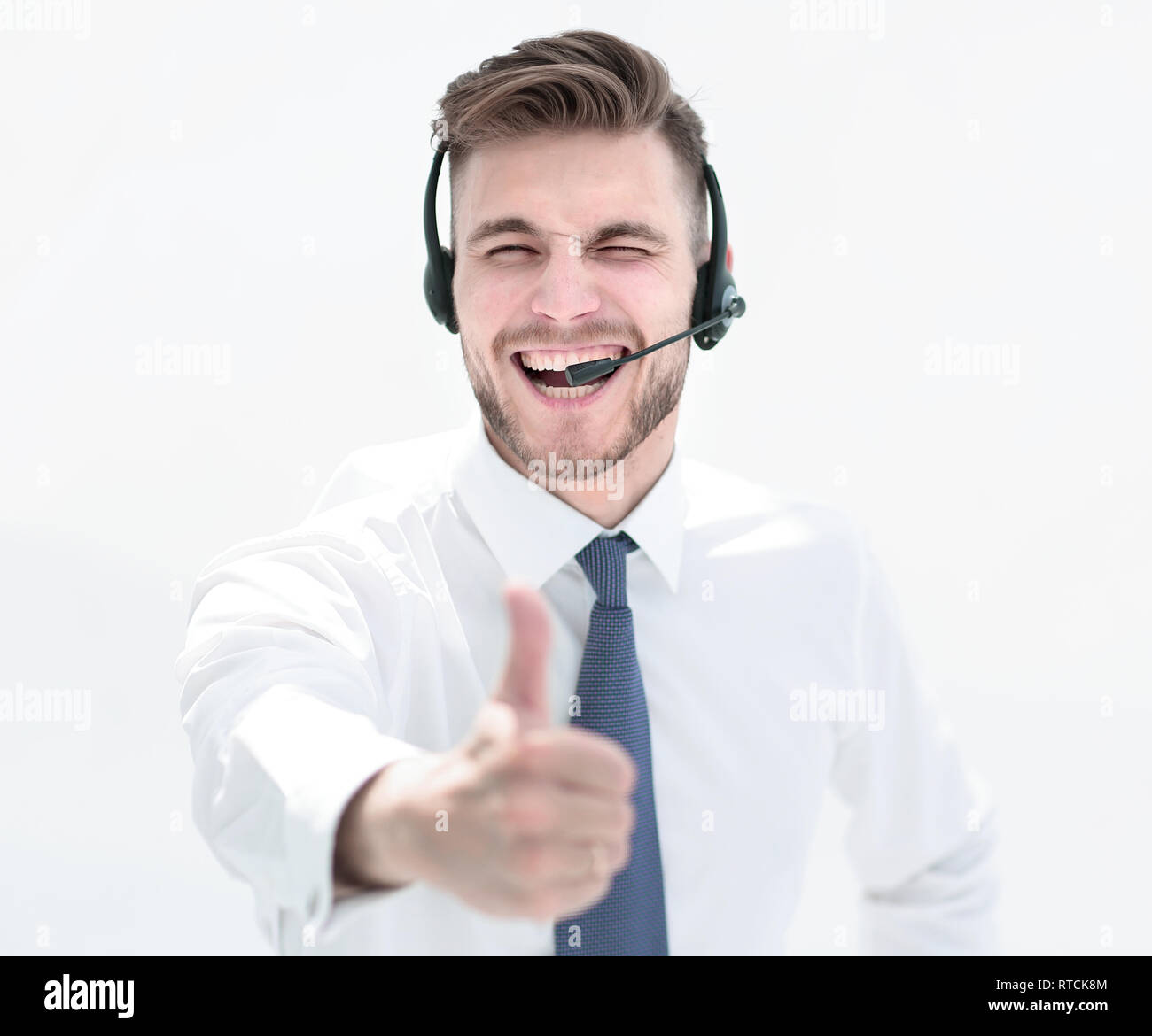 close up.employee call center showing thumb up Stock Photo - Alamy