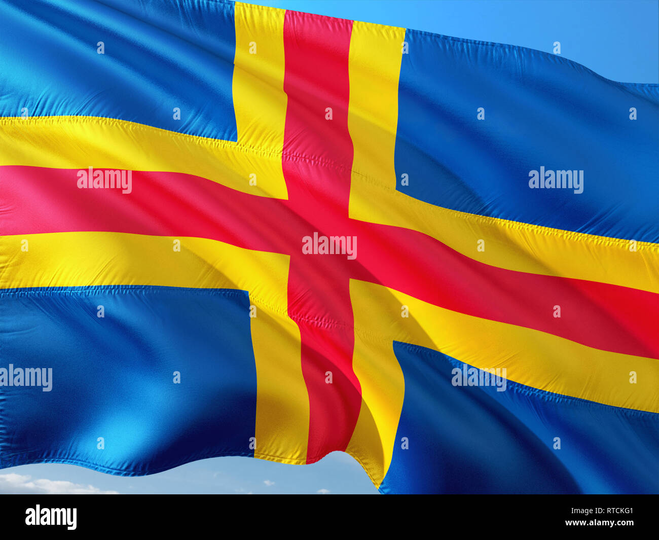 Flag of Aland Island waving in the wind against deep blue sky. High ...