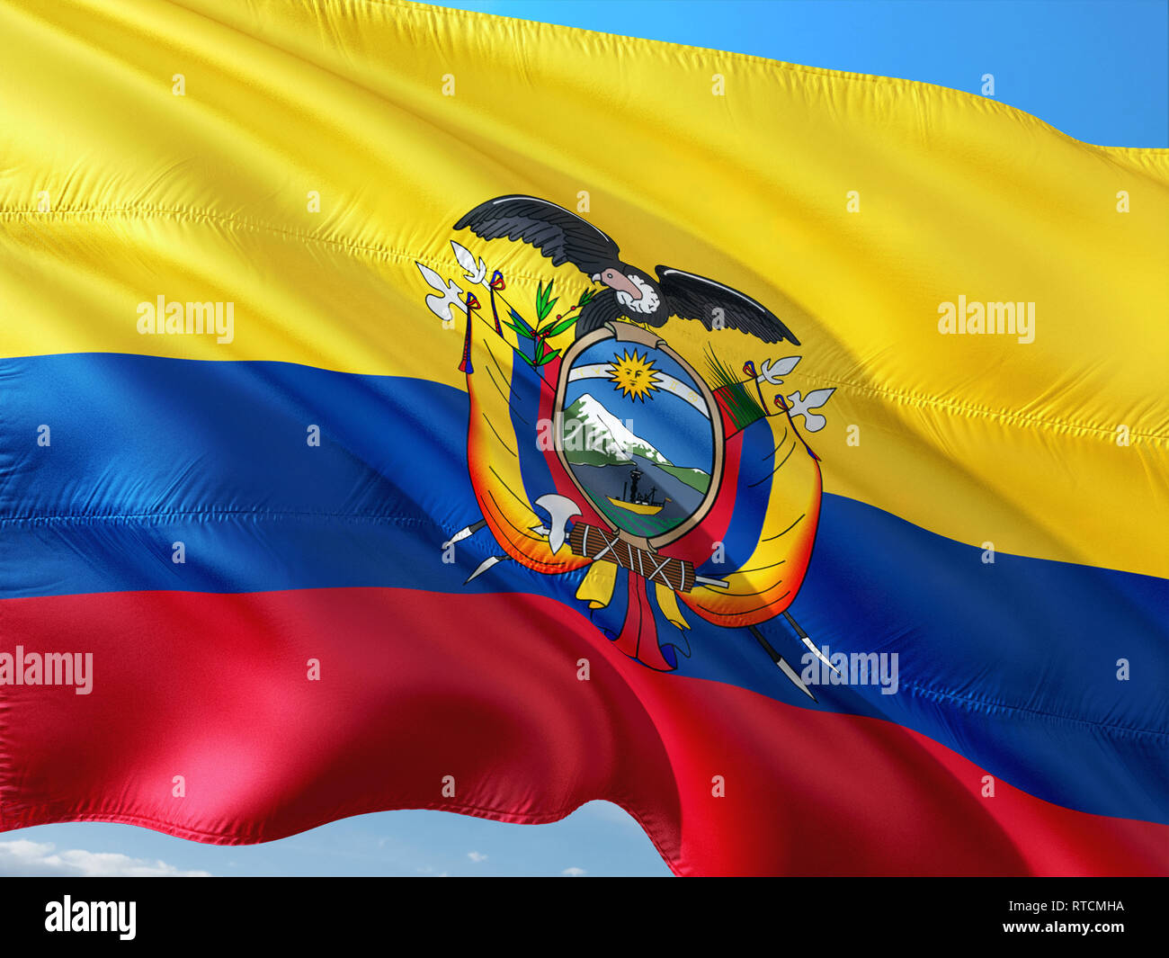 Flag of Ecuador waving in the wind against deep blue sky. High quality ...