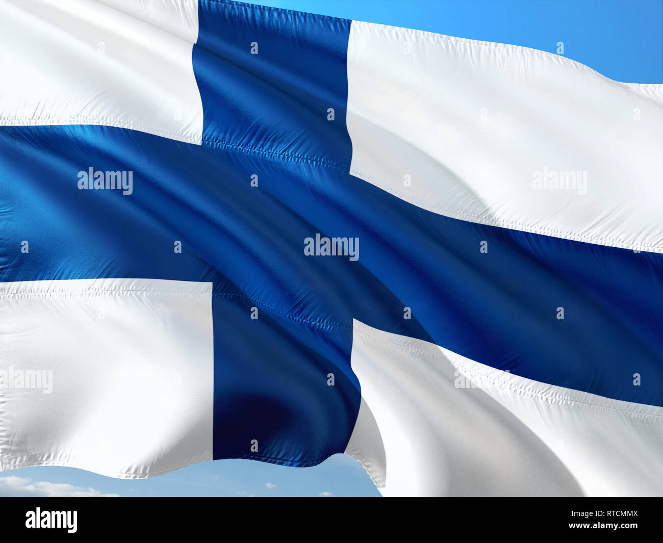 Flag of Finland waving in the wind against deep blue sky. High quality ...
