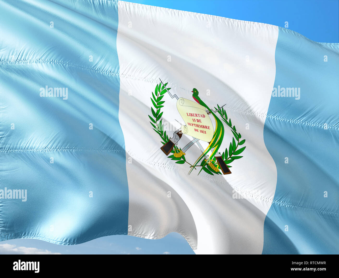 Flag of Guatemala waving in the wind against deep blue sky. High ...