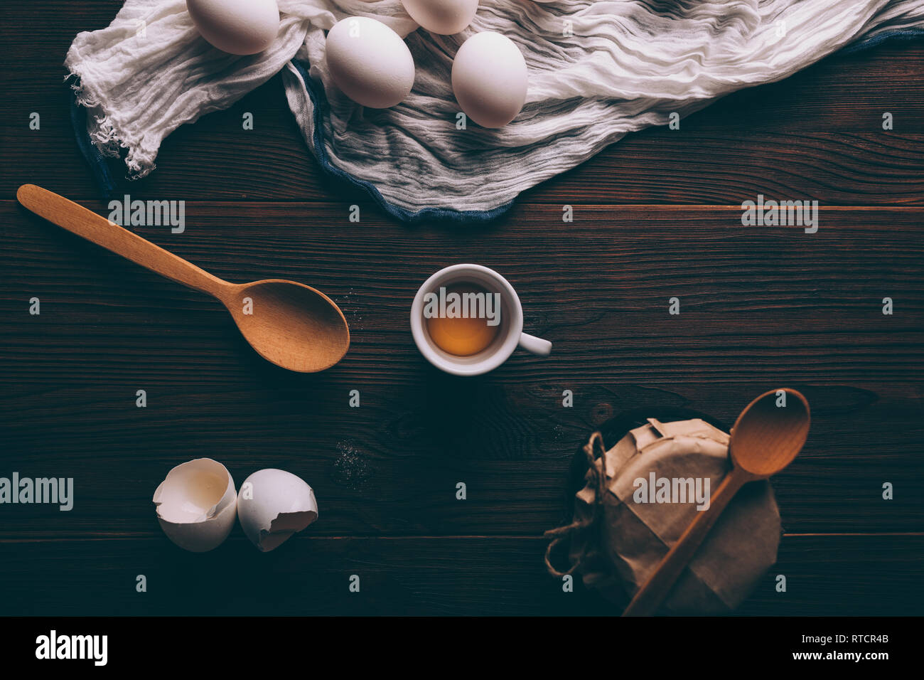 Rustic flat lay composition of ingredients and utensils for cooking ...