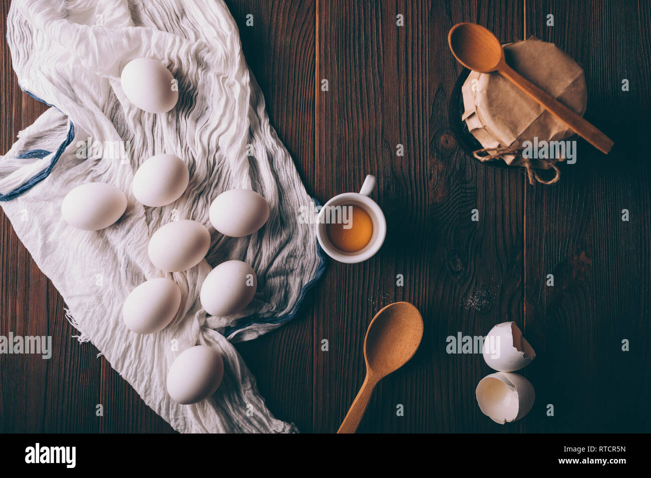 Rustic flat lay composition of ingredients and utensils for home baking ...