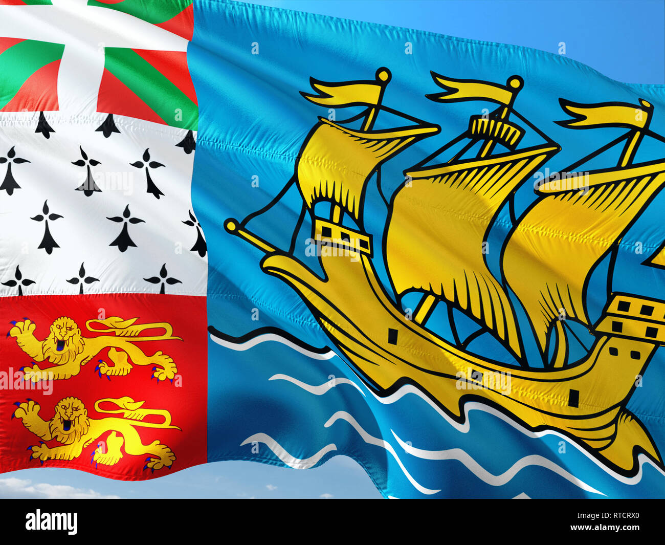 Flag of Saint Pierre And Miquelon waving in the wind against deep blue ...