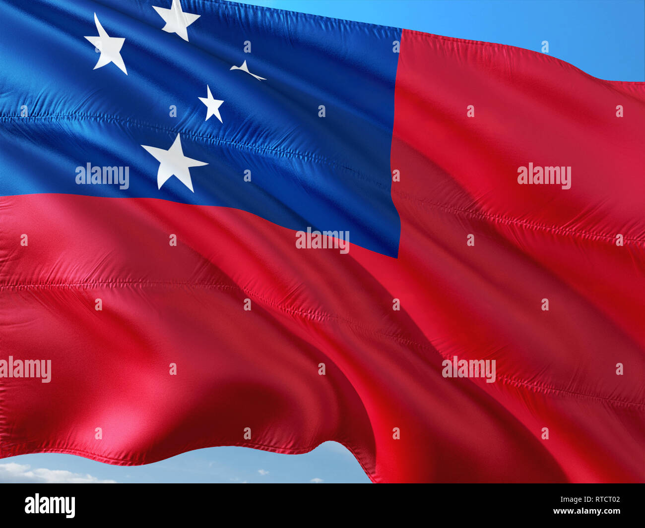 Flag of Samoa waving in the wind against deep blue sky. High quality ...