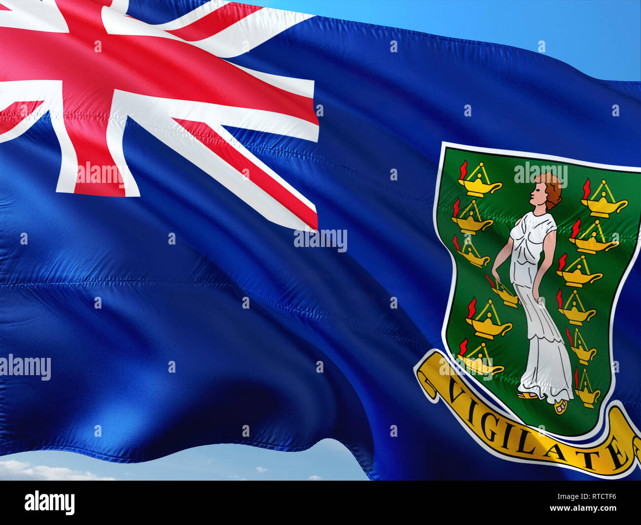Flag of British Virgin Islands waving in the wind against deep blue sky ...
