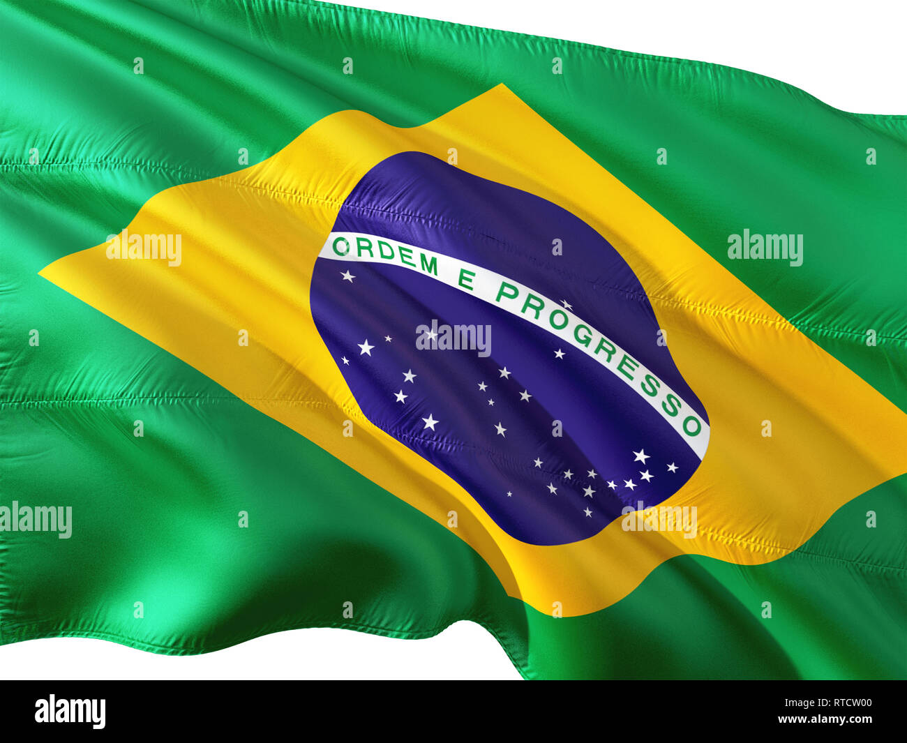 Flag of Brazil waving in the wind, isolated white background Stock ...